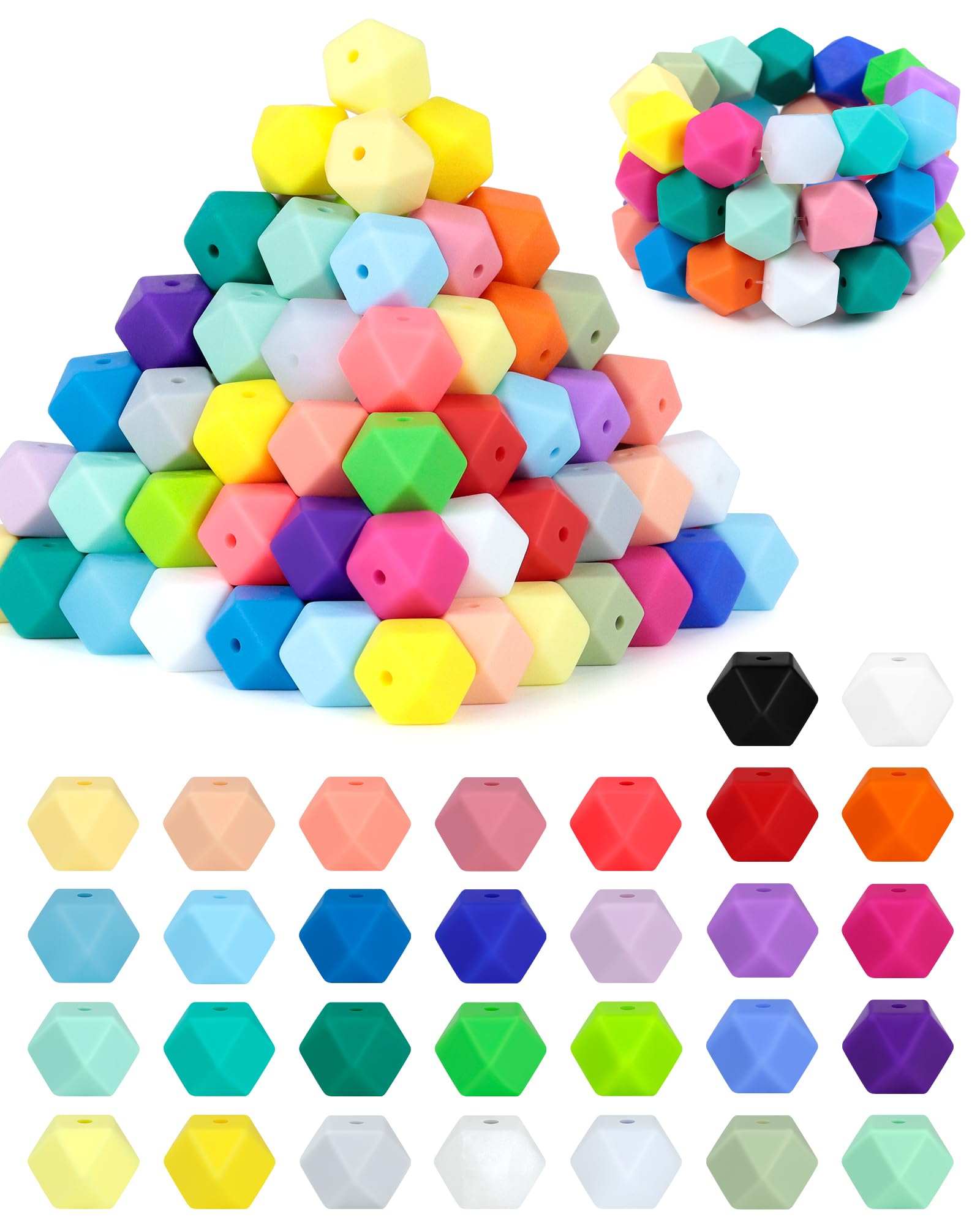 90PCS FIVEIZERO Hexagon Silicone Beads,30 Colors 14mm Silicone Beads for Keychain Making Kit,Lanyard Making,Keychains,and Craft Projects,Premium Silicone Bead Kit for DIY Enthusiasts