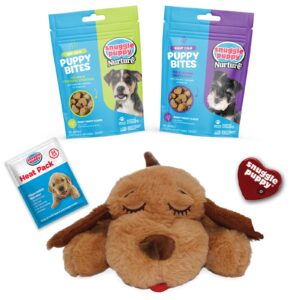 snuggle puppy original heartbeat stuffed toy for dogs, pet anxiety relief and calming aid bundle with puppy bites day calm and night calm.