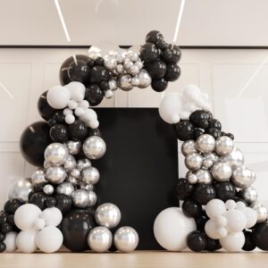 fhekfng black and silver balloons, 132pcs 5 10 12 18 inch black white silver balloons garland arch kit for birthday, wedding, graduation, bridal shower, anniversary party decorations