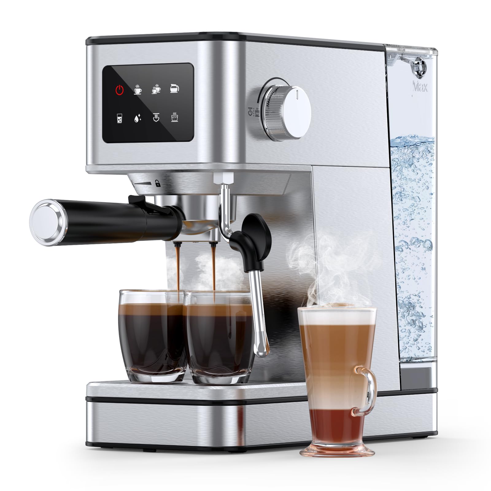 QJA Espresso Machine, 20 Bar Professional Espresso Maker, Milk Frother Steam Wand for Latte, Compact Stainless Steel Machine with 57.5oz Removable Water Tank and LED Touchscreen Monitors