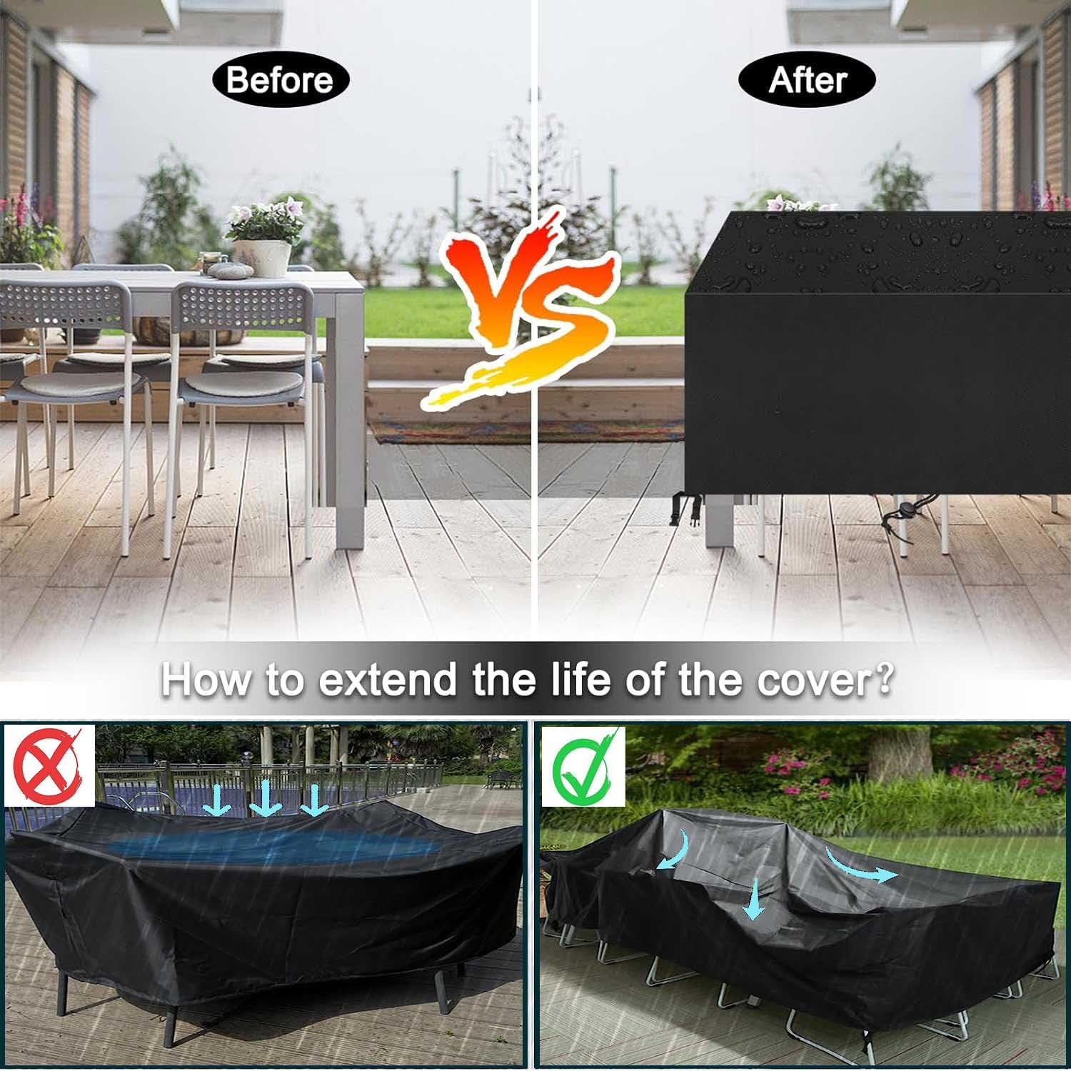 Patio Furniture Covers Outdoor Table Cover Waterproof Rectangular 420D Garden Dining Table Cover Wind Dust Proof Anti-UV Patio Sectional Couch Cover Table and Chair Set Covers 84"Lx44"Wx28"H Black