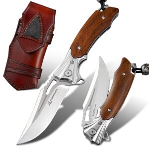 foresail flipper pocket folding knife,m390 steel blade and wood handle. with leather case,men's pocket knife hiking trip edc tool knife.