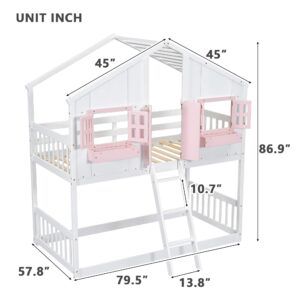 Tdewlye House Bunk Bed Twin Over Twin Kids Bunk Bed Wood Frame with Roof, Window, Window Box, Door, Safety Guardrails and Ladder for Girls Boys Child Teens (Pink+White-@14)