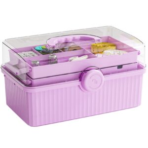 SuoXing 13'' Three-Layer Clear Plastic Storage Box/Tool Box, Multipurpose Organizer and Portable Handled Storage Case for Art Craft and Cosmetic (Purple)