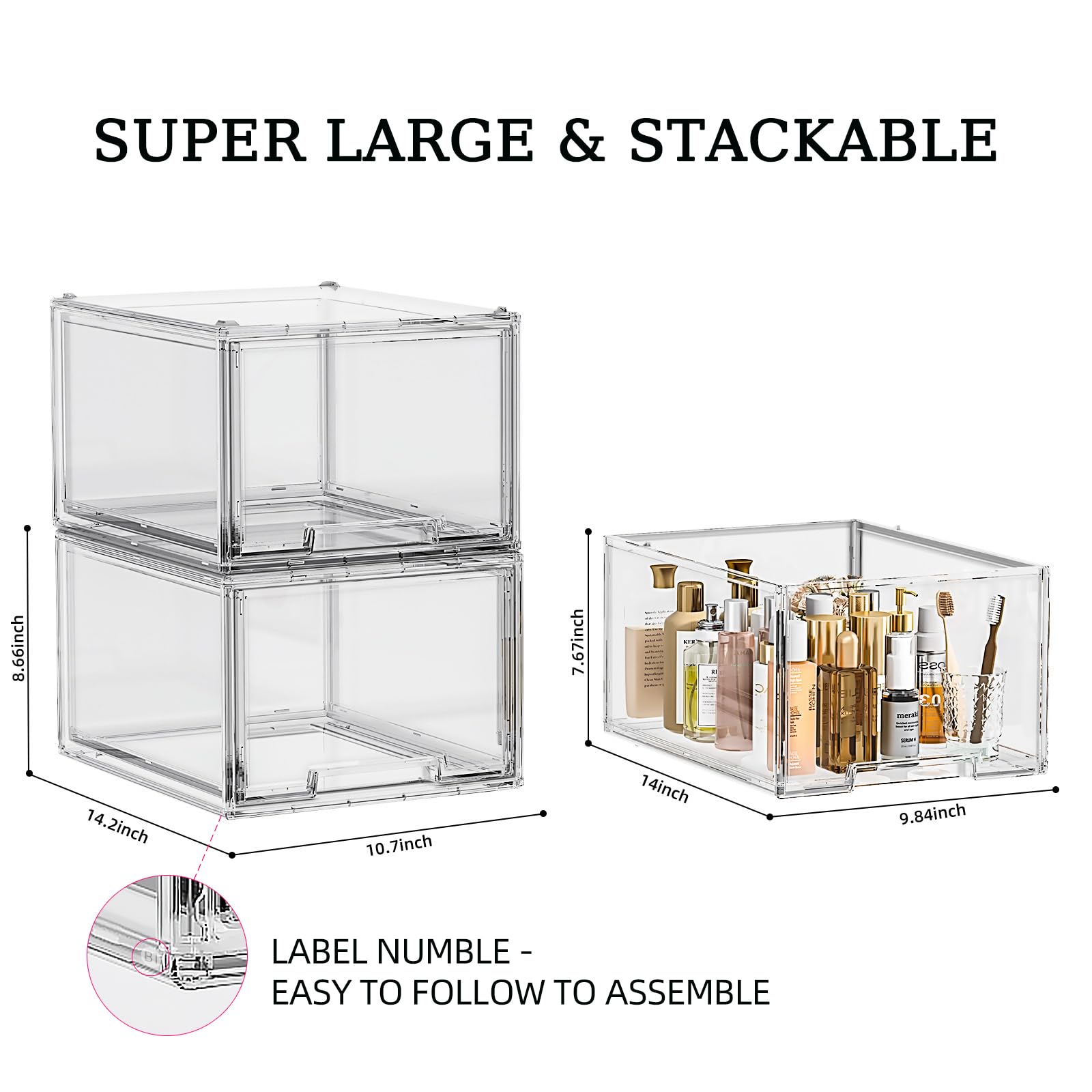 MSHOMELY 2 Pack Large Stackable Storage Drawers, Clear Under Sink Organizers and Storage, Arcylic Bathroom Makeup Organizers, Plastic Storage Bins for Vanity, Undersink, Kitchen Cabinet, Bathroom