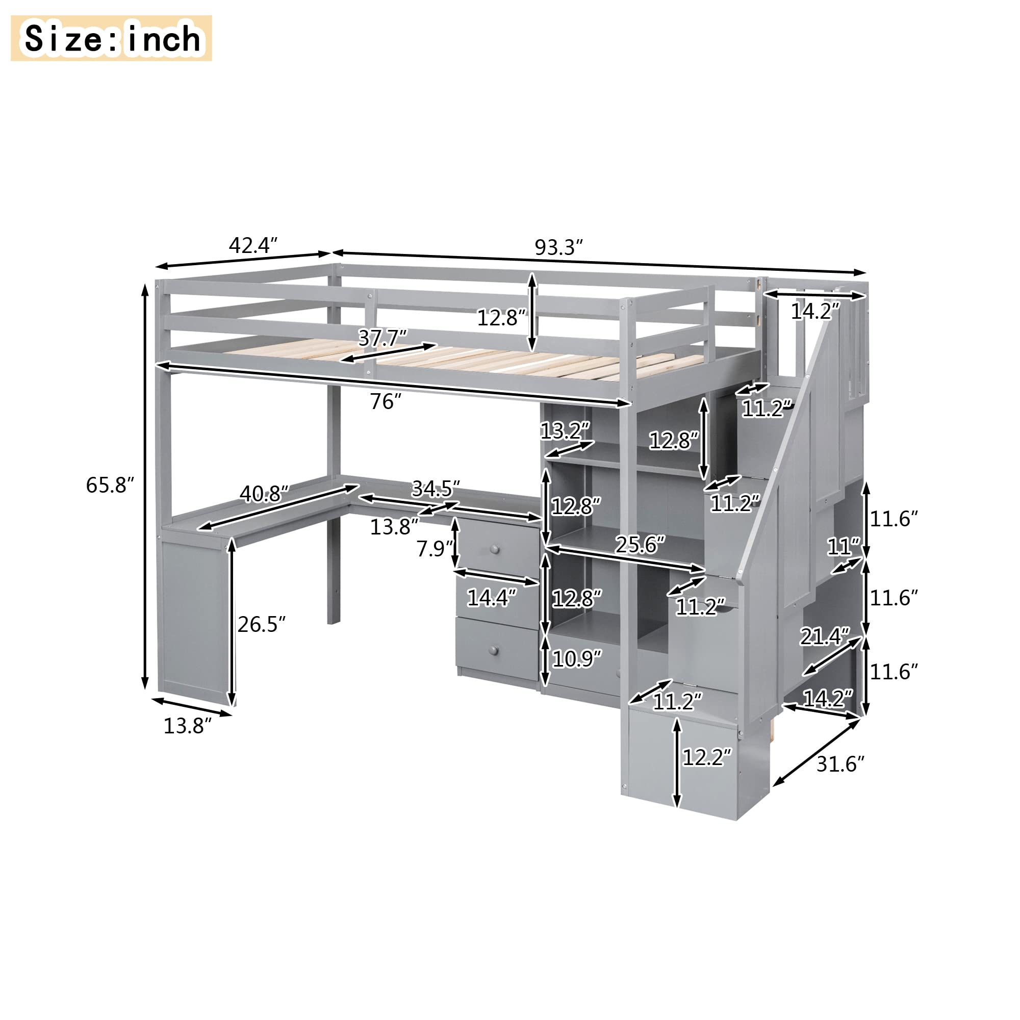 Harper & Bright Designs Twin Size Loft Bed with Stairs and L-Shaped Desk, Wood Twin Loft Bed with Storage Drawers and Cabinet, Loft Bed Twin with Guardrails for Kids Girls Boys, Grey