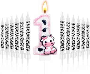 13 pcs cow themed birthday candles - 0 to 9 pink cow number candle & cow print birthday candles, cowgirl theme candle for girls birthday party decor, holy cow im one birthday decorations (number 1)