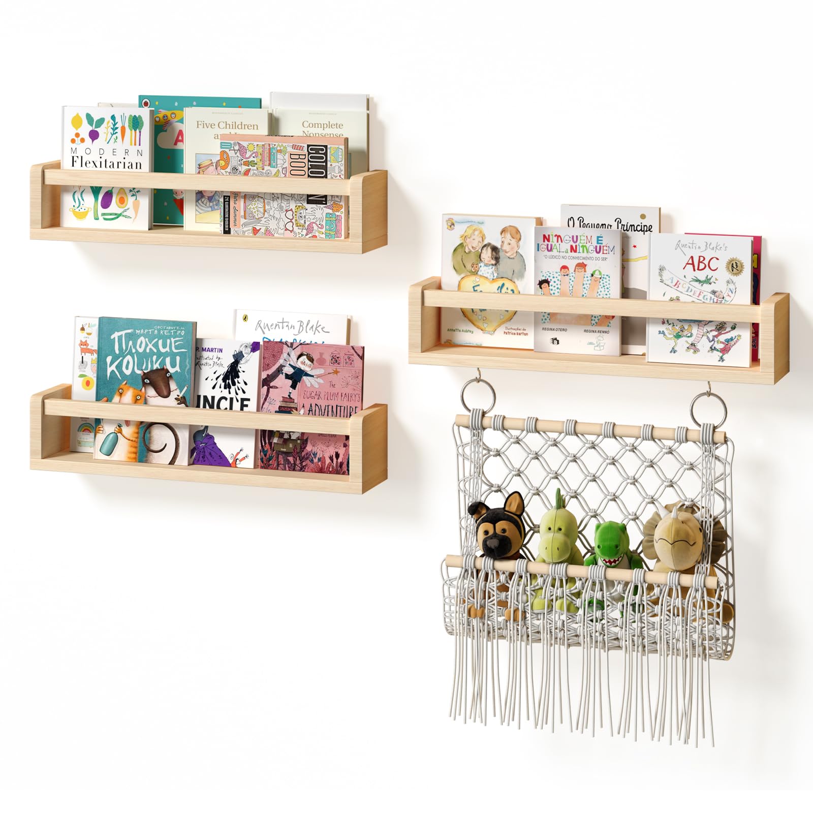 BBLIKE Nursery Book Shelves Set of 3 - Floating Shelves for Wall with Stuffed Animal Net, Wood Wall Mounted Shelves, Hanging Nursery Furniture for Toy Storage and Playroom, Kids Room, Nursery Decor