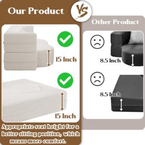 YiMiYom Full Size Folding Sofa Bed, Love Seat Sleeper Bed Floor Sofa Bed with 2 Pillows, Teddy Fabric Fold-Out Twin Sofa Cama & Bed Mattress for Living Room, Apartment, Guest Room, Beige