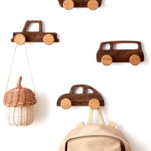 Vinoil Kids Coat Hooks Wall Mount, Walnut Car-Shaped Coat Rack Heavy Duty for Bathrooms,Kids’ Room,Door,Nursery,Entryway, 4 Pack Wood Wall Hooks for Hanging Hats,Backpacks,Towels,Keys&Clothes