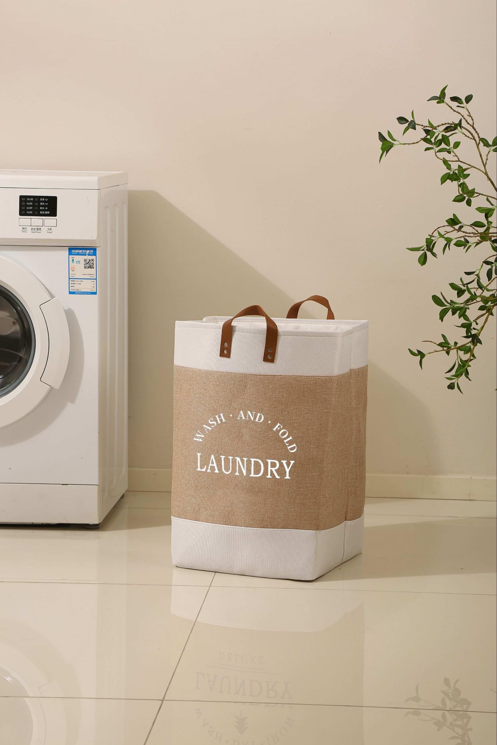 Classic Cotton Beige and White Laundry Basket with Handles, Dorm Room Laundry Hamper, Large, Beige/White/Brown Laundry Bag, 23 X 15 X 11 inches