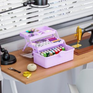 SuoXing 13'' Three-Layer Clear Plastic Storage Box/Tool Box, Multipurpose Organizer and Portable Handled Storage Case for Art Craft and Cosmetic (Purple)