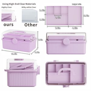 SuoXing 13'' Three-Layer Clear Plastic Storage Box/Tool Box, Multipurpose Organizer and Portable Handled Storage Case for Art Craft and Cosmetic (Purple)