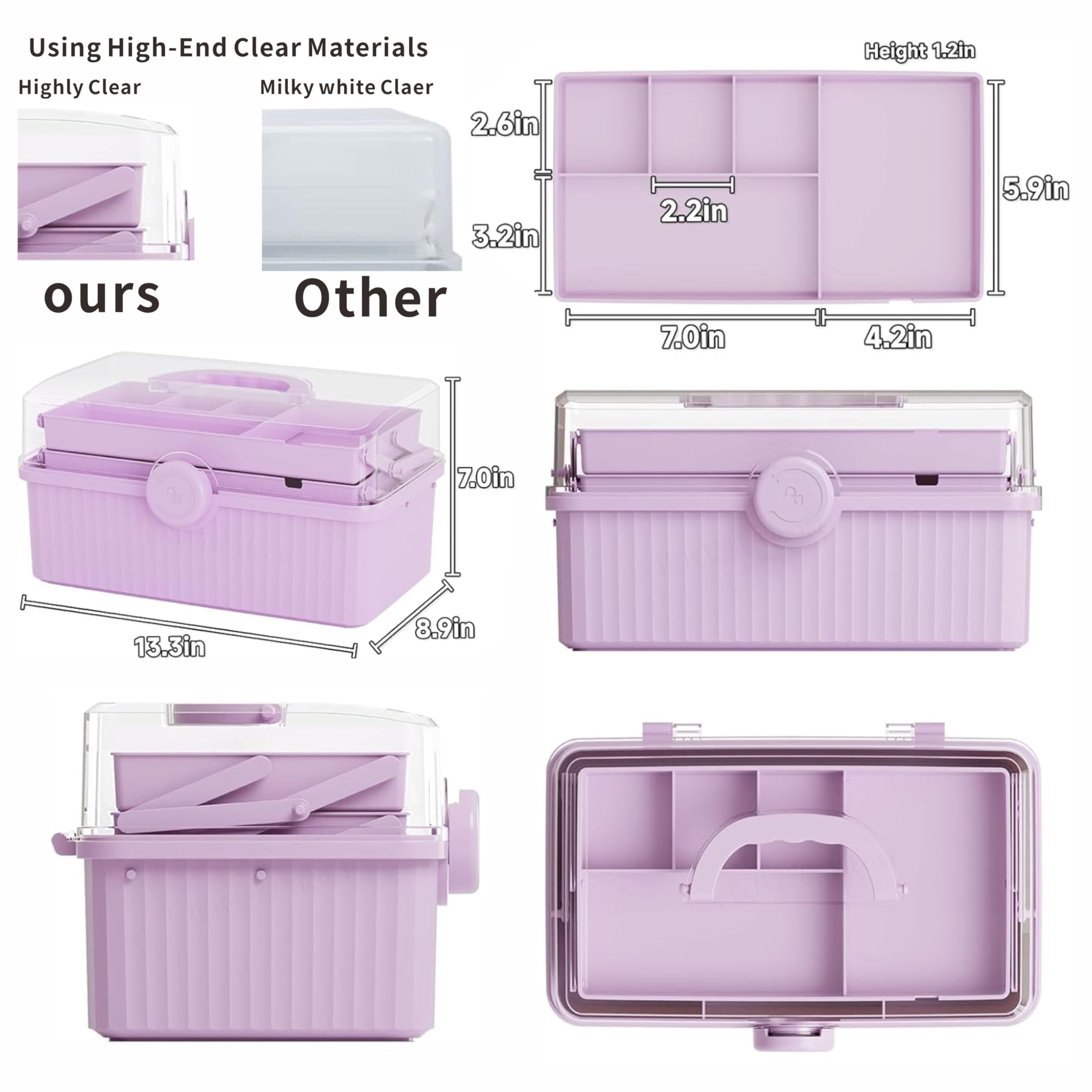 SuoXing 13'' Three-Layer Clear Plastic Storage Box/Tool Box, Multipurpose Organizer and Portable Handled Storage Case for Art Craft and Cosmetic (Purple)