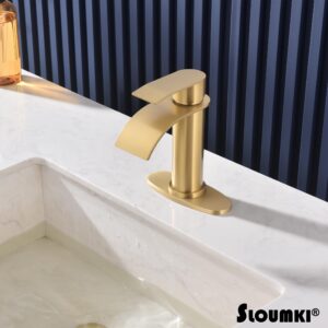 SLOUMKI Brushed Gold Waterfall Bathroom Faucet Single Hole, Gold Bathroom Faucet for Sink 1 Hole with 6 in Deck Plate and Pop Up Drain and Supply Hose, Modern Bathroom Sink Faucet