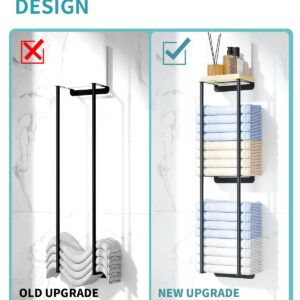 Towel Racks for Bathroom, 2 Tier Wall Towel Holder with Wood Shelf, Metal Wall Mounted Towel Rack Bathroom Organizers and Storage, Black