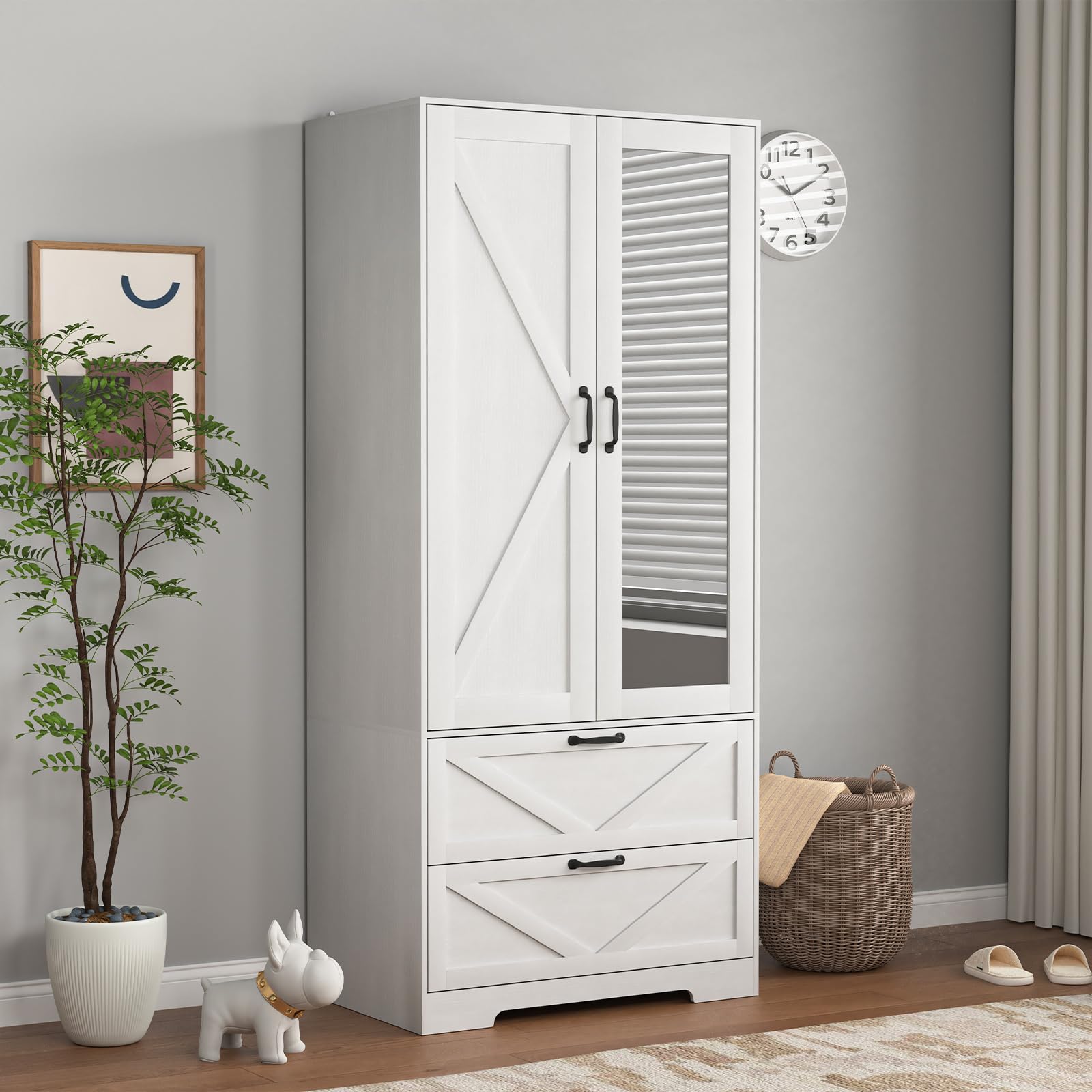 UZUGUL Armoire Wardrobe Closet with Mirror Door and 2 Drawer,Farmhouse Bedroom Armoire Cabinet with Hanging Rod and Light,Wooden Wardrobe Cabinet Closet with Adjustable Shelf for Bedroom