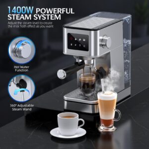 QJA Espresso Machine, 20 Bar Professional Espresso Maker, Milk Frother Steam Wand for Latte, Compact Stainless Steel Machine with 57.5oz Removable Water Tank and LED Touchscreen Monitors