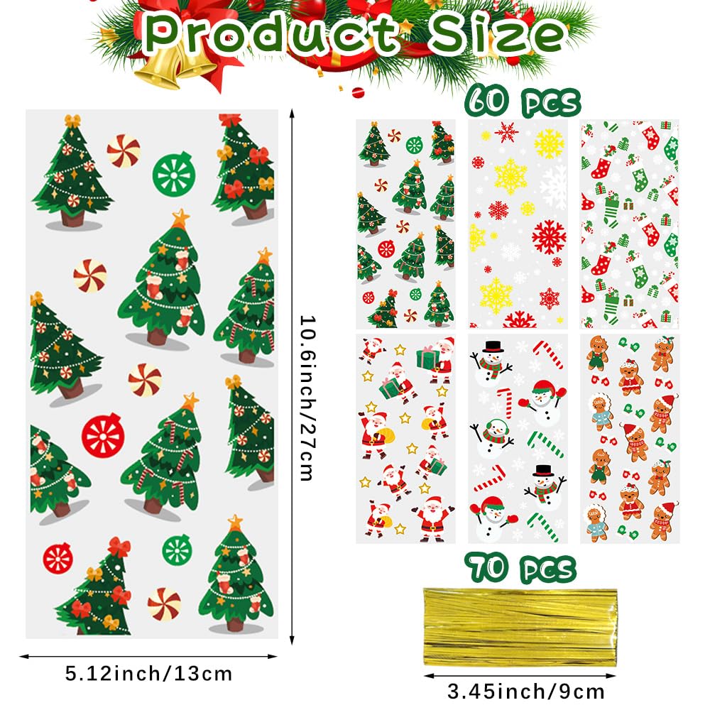 Christmas Treat Bags, Christmas Candy Bags, Christmas Bags for Goodies, 60 PCS Christmas Cellophane Bags with Ties, Christmas Plastic Bags, Christmas Cello Bags for Christmas Day Party Favor Supplies