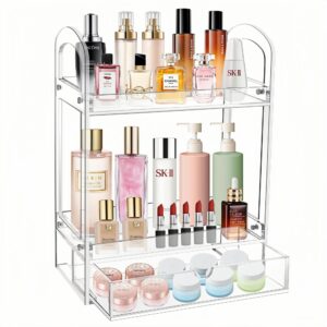 wgf 2-tier bathroom counter organizer with drawer, acrylic bathroom organizer, makeup organizer countertop, multi-purpose vanity organizer, kitchen organizer, versatile for bathroom vanity kitchen