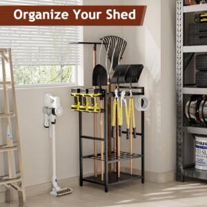 Homsorout Garden Garage Tool Organizer - Yard Tool Organizer for Garage with 4 Hooks, Heavy duty Steel Garden Tool Rack Holds up to 48 Long Handled Yard tools for Storage