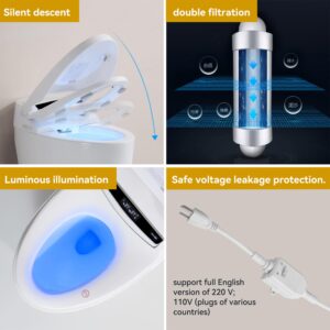 Smart Bidet Toilet with Heated Seat, Dual Flush, Warm Water and Dryer, Portable, Silver