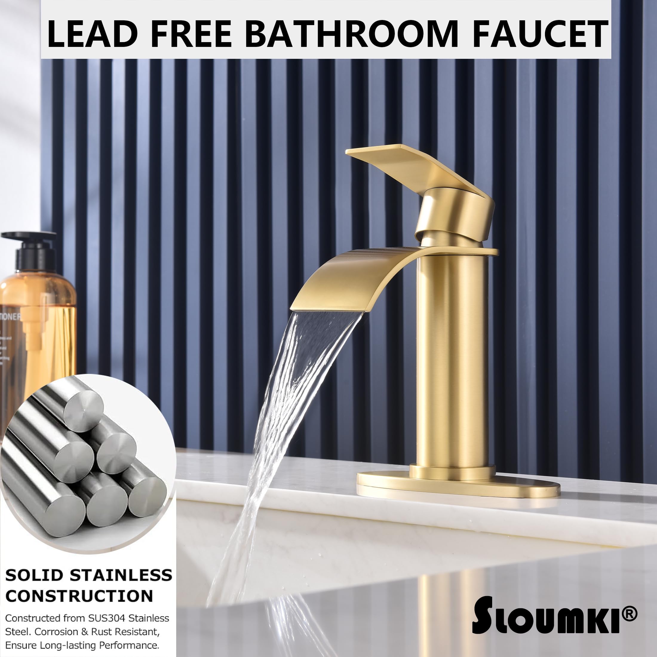 SLOUMKI Brushed Gold Waterfall Bathroom Faucet Single Hole, Gold Bathroom Faucet for Sink 1 Hole with 6 in Deck Plate and Pop Up Drain and Supply Hose, Modern Bathroom Sink Faucet