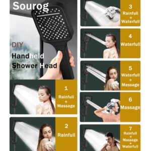 Sourog Modern Shower Head 7 DIY Sprays High Pressure Shower Head with Handheld, Detachable Shower Head with On/Off Button& Square Shower Head with 60 Chrome