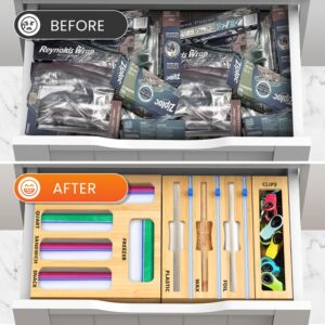 mHomeBilt Bag Storage Organizer with Foil and Saran Wrap Dispenser With Cutter For Kitchen Drawer - 9 in 1 Bamboo Plastic Food Bag Storage Containers Perfect For Gallon, Quart Bags & 12" Rolls