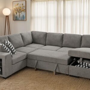 RENDGO 125'' U Shaped Oversized Sectional Sofa Couch with Cabinet,7 Seat Sectional Sleeper Sofa Bed with Storage Chaise, Pull Out Bed for Living Room,Grey