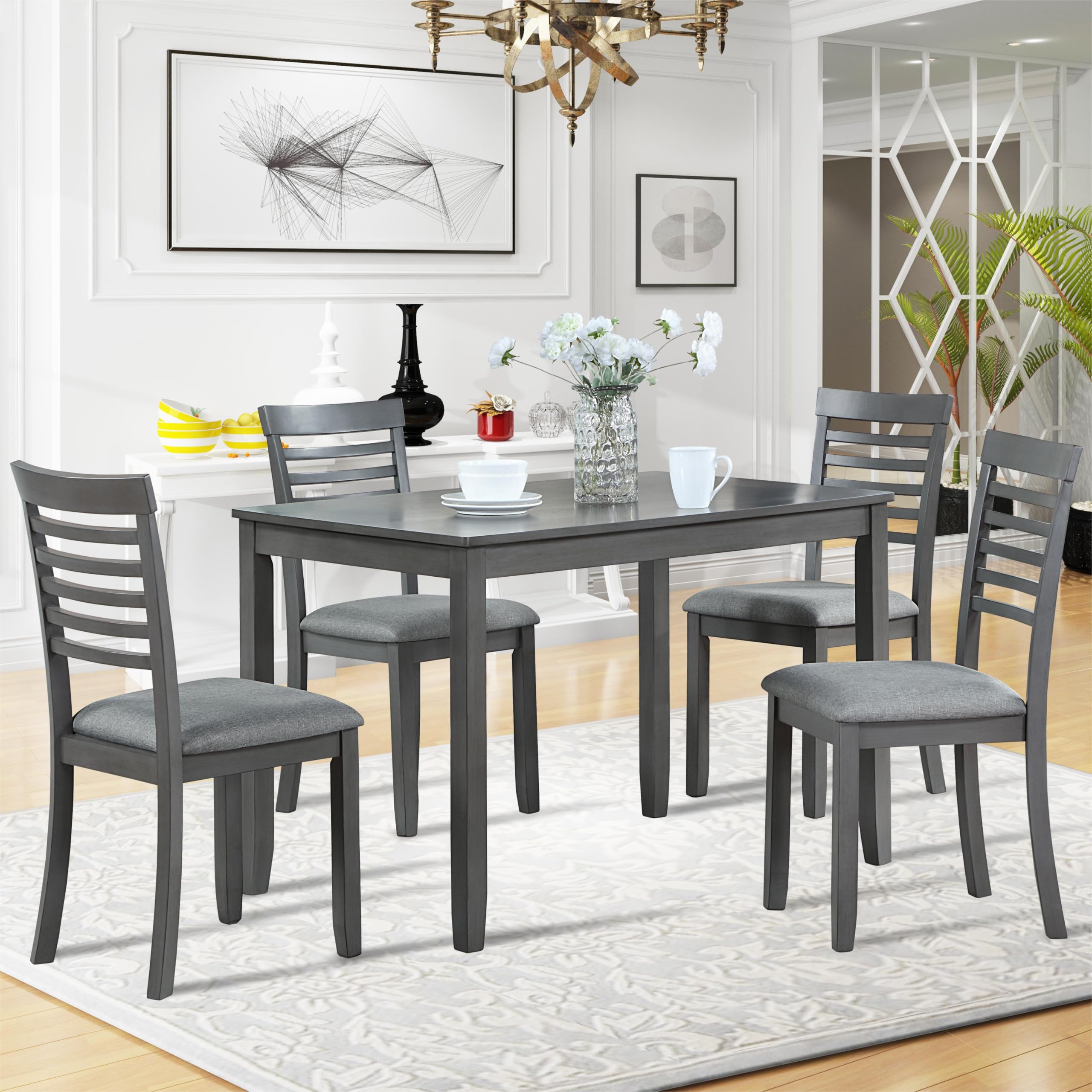 RuiSiSi Modern Dining Table Set for 4, Rectangular Dining Table with 4 Upholstered Chairs, 5 Piece Dining Table Set for Dining Room Kitchen Living Room, Wood Dining Room Table Set for 4, Gray