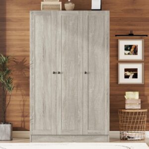 Bellemave 3 Doors Wardrobe Armoire, Armoire Wardrobe Closet with Hanging Rod, Wood Clothes Storage Cabinet Organizer, 3-Door Wardrobe Closet with Doors, Gray