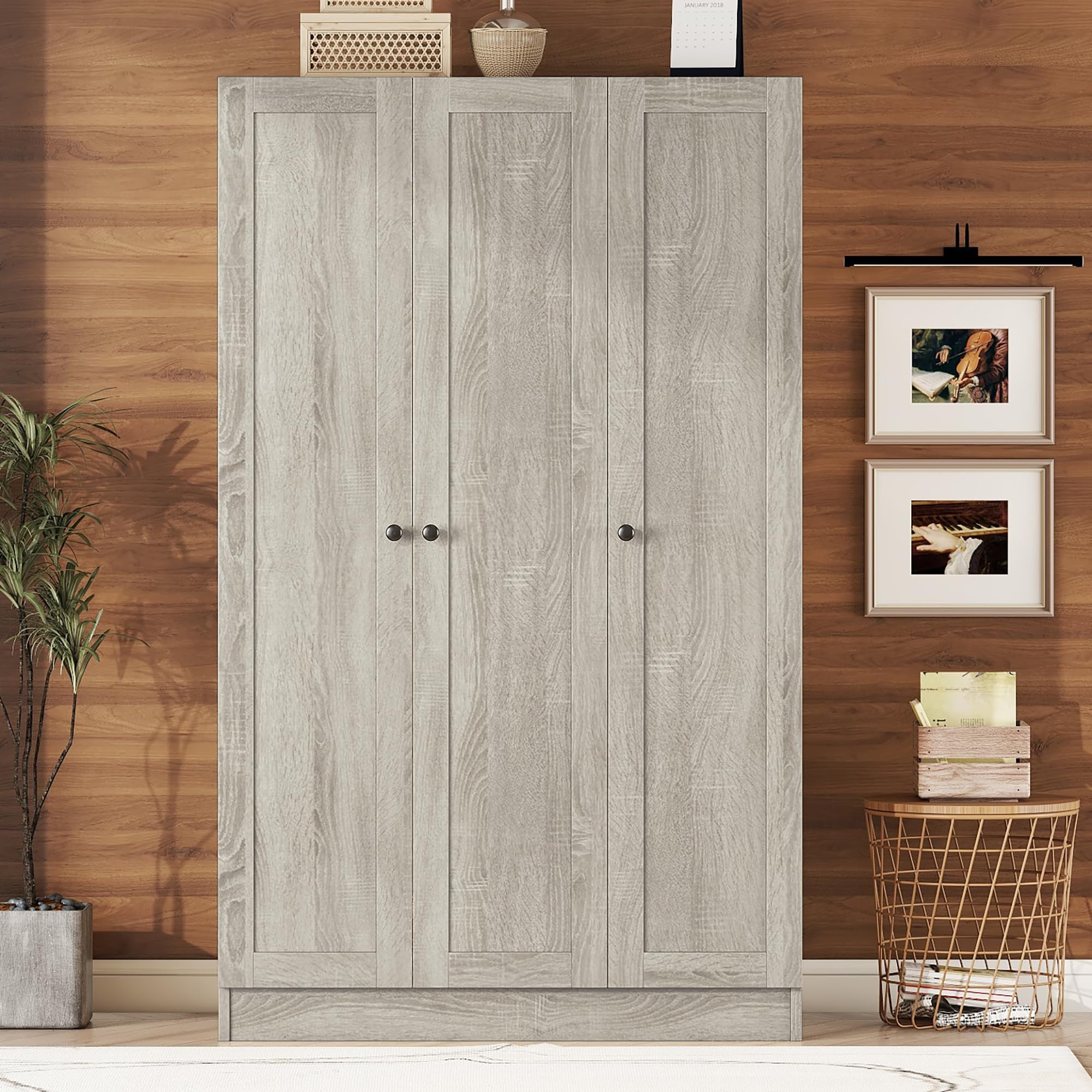 Bellemave 3 Doors Wardrobe Armoire, Armoire Wardrobe Closet with Hanging Rod, Wood Clothes Storage Cabinet Organizer, 3-Door Wardrobe Closet with Doors, Gray