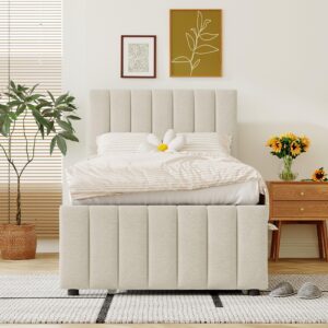 Twin Bed Frame with Trundle Bed and Storage Drawers,Linen Upholstered Bed Frame,Twin Size Trundle Bed with Adjustable Headboard,Upholstered Platform Bed Twin for Kids Teens Adults,Beige