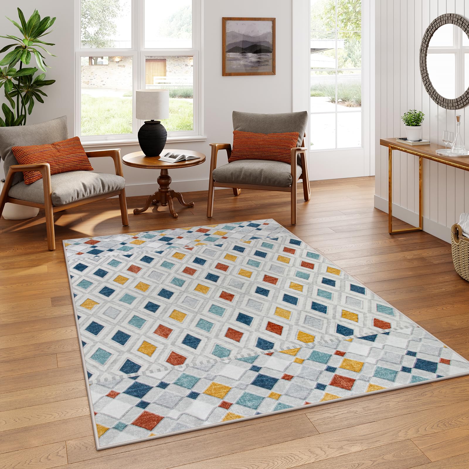 Lahome 5x7 Boho Checkered Area Rug, Geometric Trellis Modern Rug for Nursery, Soft Non Slip Washable Rugs for Hardwood Floors Bedroom Sunroom