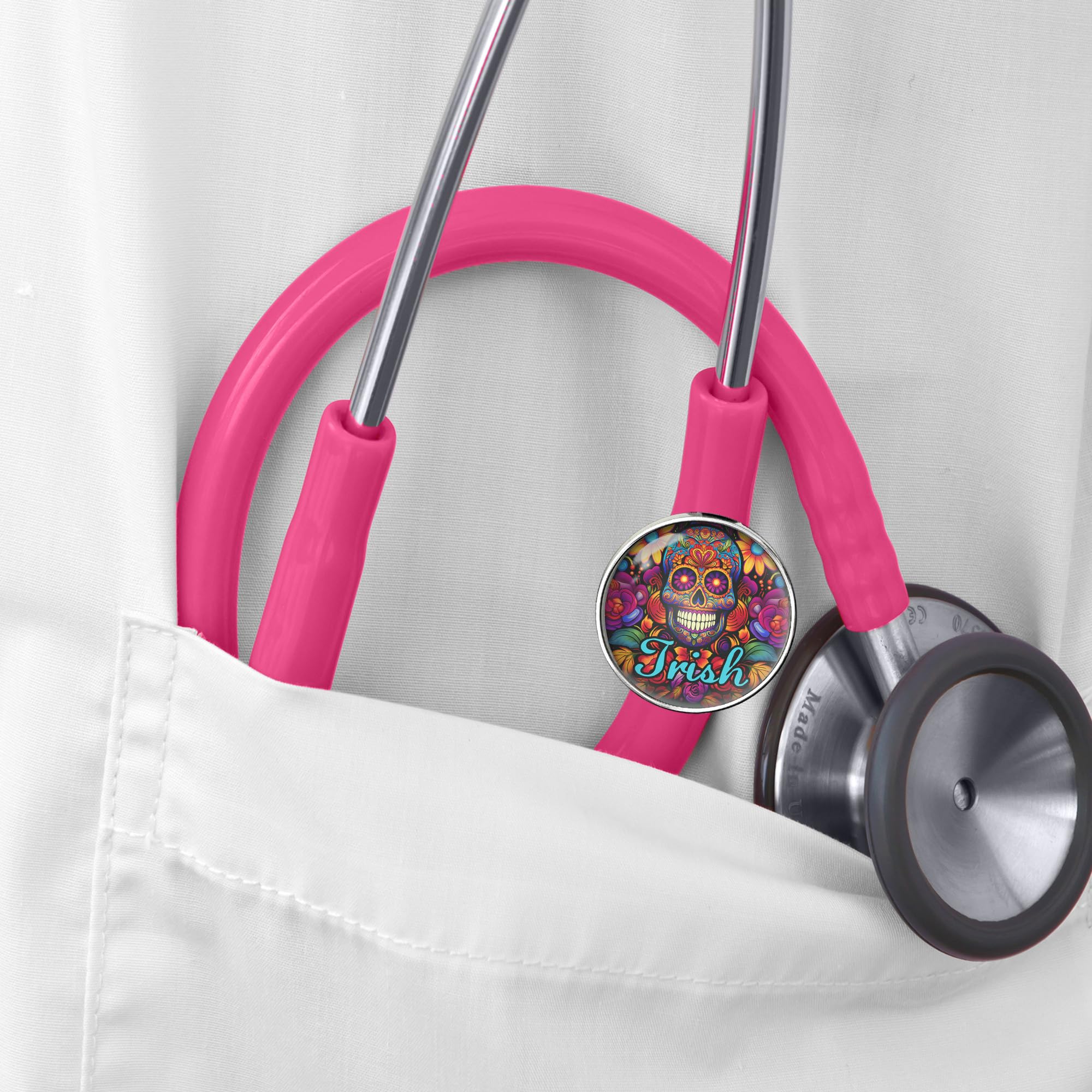 Personalized Calaveras Sugar Skull Stethoscope Name Charm - Adjustable Id for Stethoscope Tubing Fits All Stethoscopes - Hospital Nurse Accessories for Work, Doctor Graduation Gift