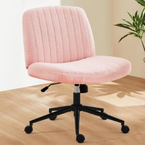 pink criss cross chair with wheels, vanity desk chair with back, ergonomic armless cross legged chair with adjustable high for vanity home office makeup room, teddy fabric, comfy cushion (pink)