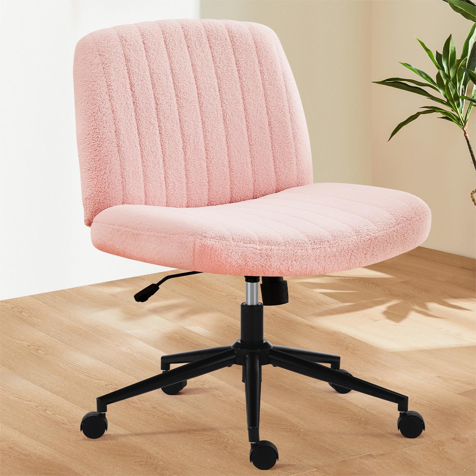 Pink Criss Cross Chair with Wheels, Vanity Desk Chair with Back, Ergonomic Armless Cross Legged Chair with Adjustable High for Vanity Home Office Makeup Room, Teddy Fabric, Comfy Cushion (Pink)