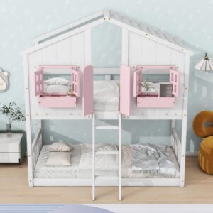 Tdewlye House Bunk Bed Twin Over Twin Kids Bunk Bed Wood Frame with Roof, Window, Window Box, Door, Safety Guardrails and Ladder for Girls Boys Child Teens (Pink+White-@14)