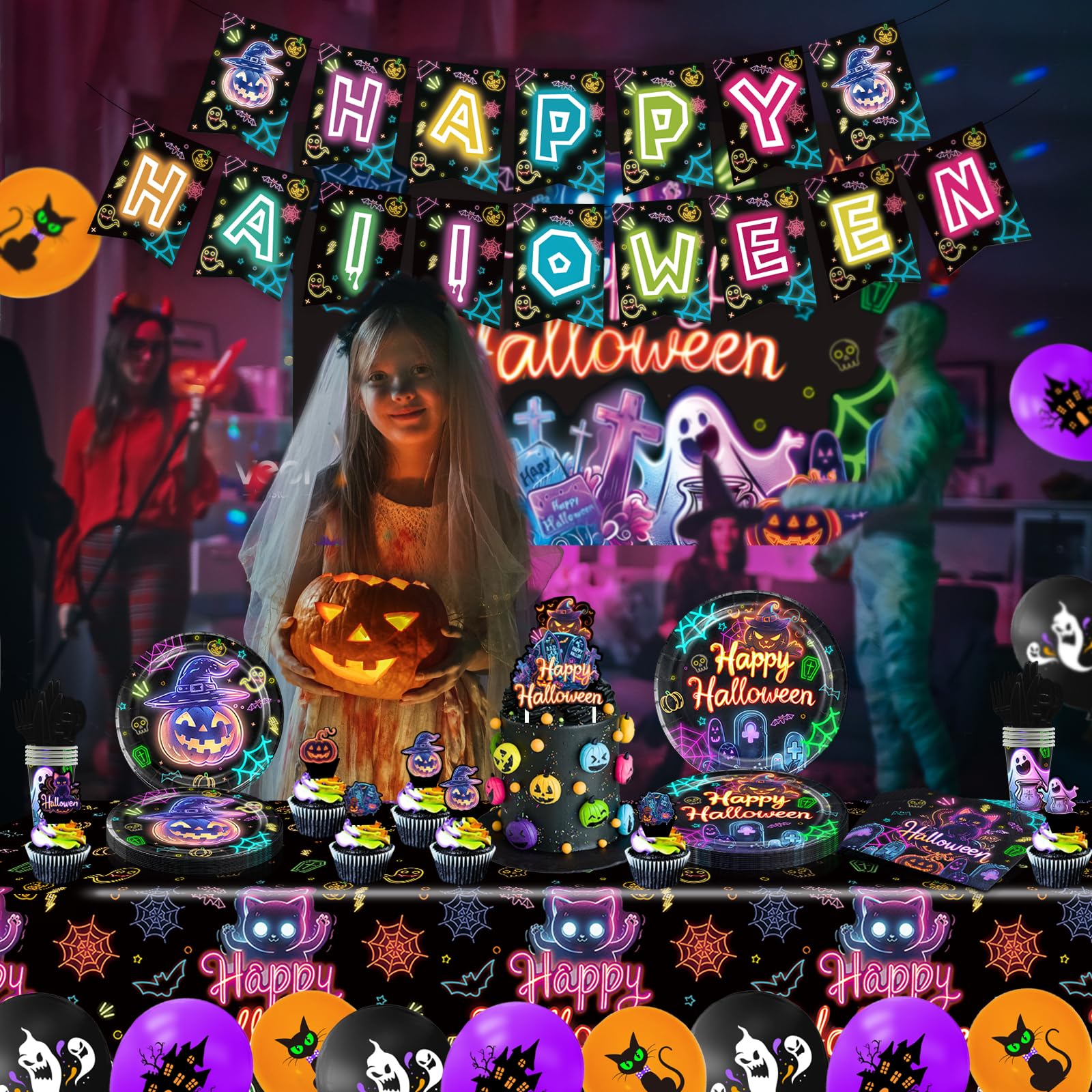 Glow Neon Party Supplies Tableware Set, 256 Pcs Let's Glow Halloween Party Decorations Include Neon Plates and Napkins Cups Glow Tablecloth Halloween Banner for Neon Baby Shower Party Decorations