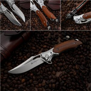 FORESAIL Flipper Pocket Folding Knife,M390 Steel Blade and Wood Handle. With leather case,men's pocket knife hiking trip EDC tool Knife.