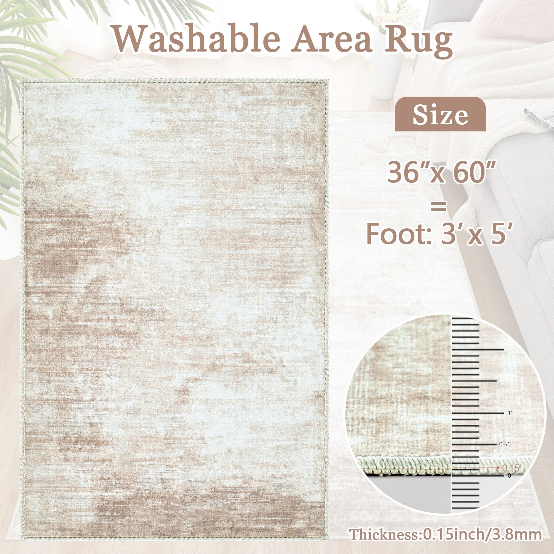 3x5 Area Rugs for Living Room:Washable Rug Modern Abstract Rug-Non Slip Rug Door Mat for Bedroom Kitchen Under Dining Table Nursery Bathroom Entryway Home Office Rugs - Brown