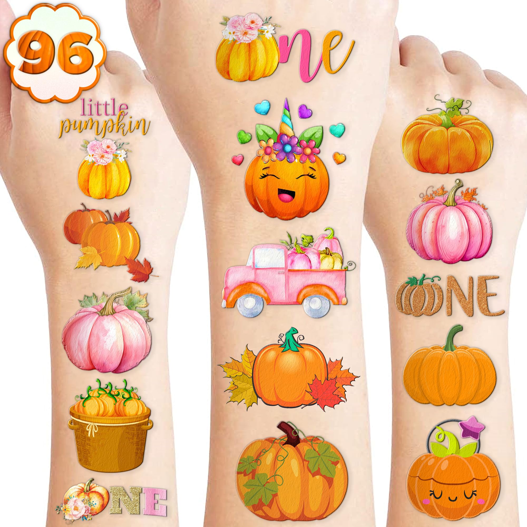 100 PCS Fall Little Pumpkin Autumn Halloween Temporary Tattoos Themed 1st First Birthday Party Decorations Supplies Favors Decor Cute Thanksgiving Stickers Gifts for Boys Girls School Prizes Carnival