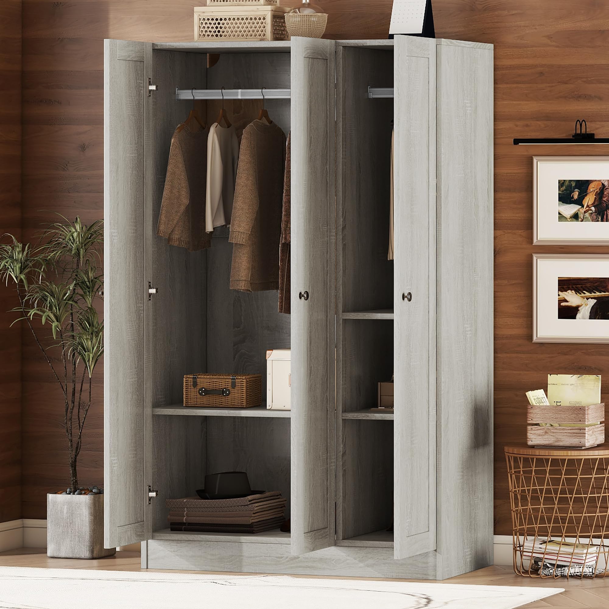 Bellemave 3 Doors Wardrobe Armoire, Armoire Wardrobe Closet with Hanging Rod, Wood Clothes Storage Cabinet Organizer, 3-Door Wardrobe Closet with Doors, Gray