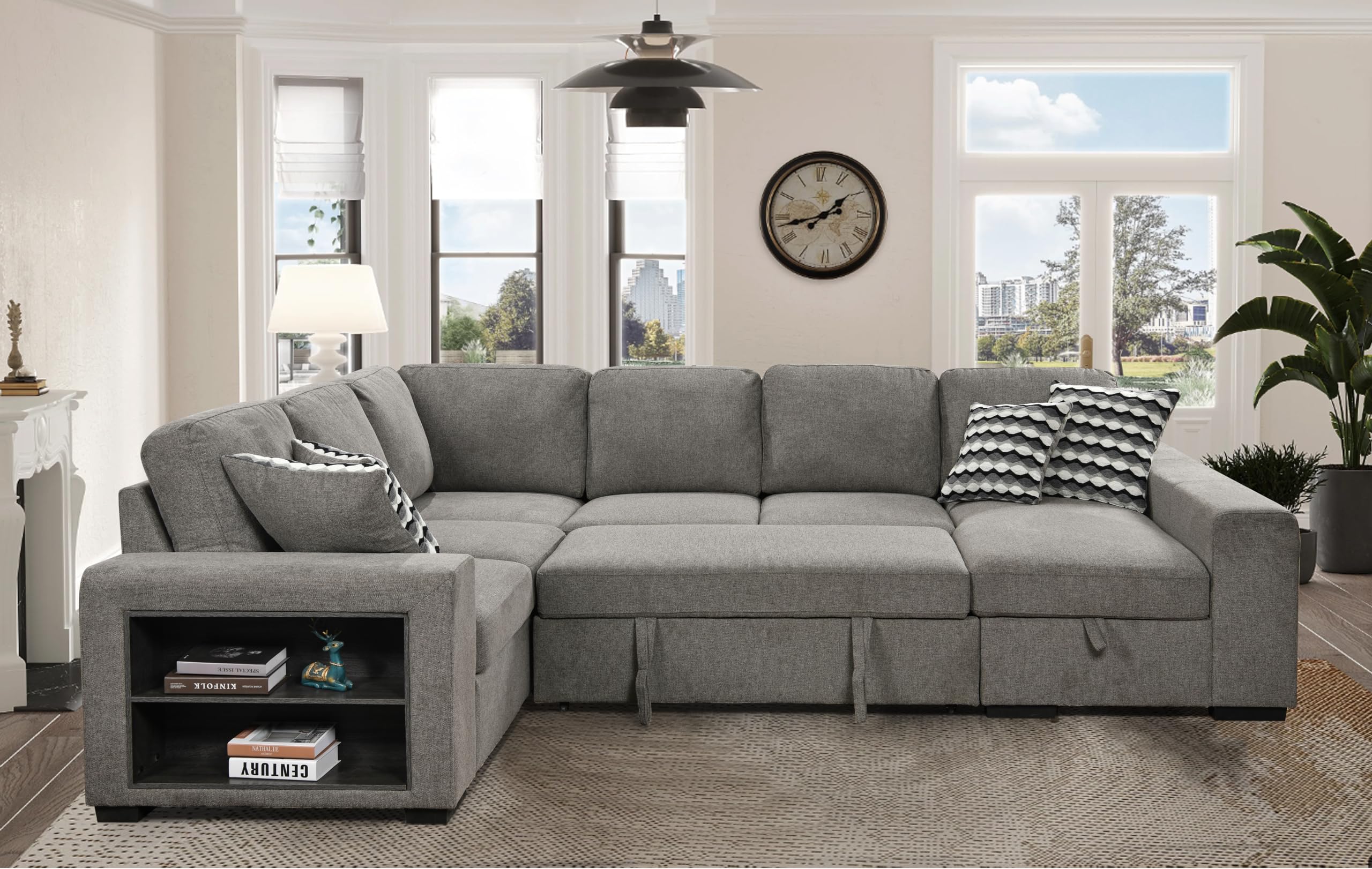 RENDGO 125'' U Shaped Oversized Sectional Sofa Couch with Cabinet,7 Seat Sectional Sleeper Sofa Bed with Storage Chaise, Pull Out Bed for Living Room,Grey