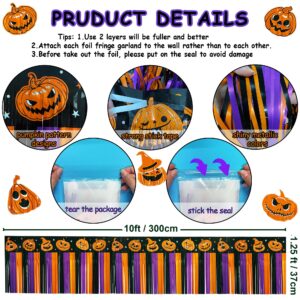 Halloween Parade Floats Foil Fringe, Each 10 ft x 15'' Orange Purple Black Pumpkin Tinsel Streamers Garland Banner Table Skirts for Halloween Trailer Car Graduation Homecoming Party (4 Pack)