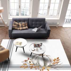 Area Rugs for Living Room, 2'7''x5' Thanksgiving Autumn White Pumpkins Maple Branch Gray Stripes Runner Washable Rug Soft Durable Indoor Carpet Non Slip Floor Mat for Bedroom Dining Room Entryway