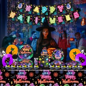 Glow Neon Party Supplies Tableware Set, 256 Pcs Let's Glow Halloween Party Decorations Include Neon Plates and Napkins Cups Glow Tablecloth Halloween Banner for Neon Baby Shower Party Decorations