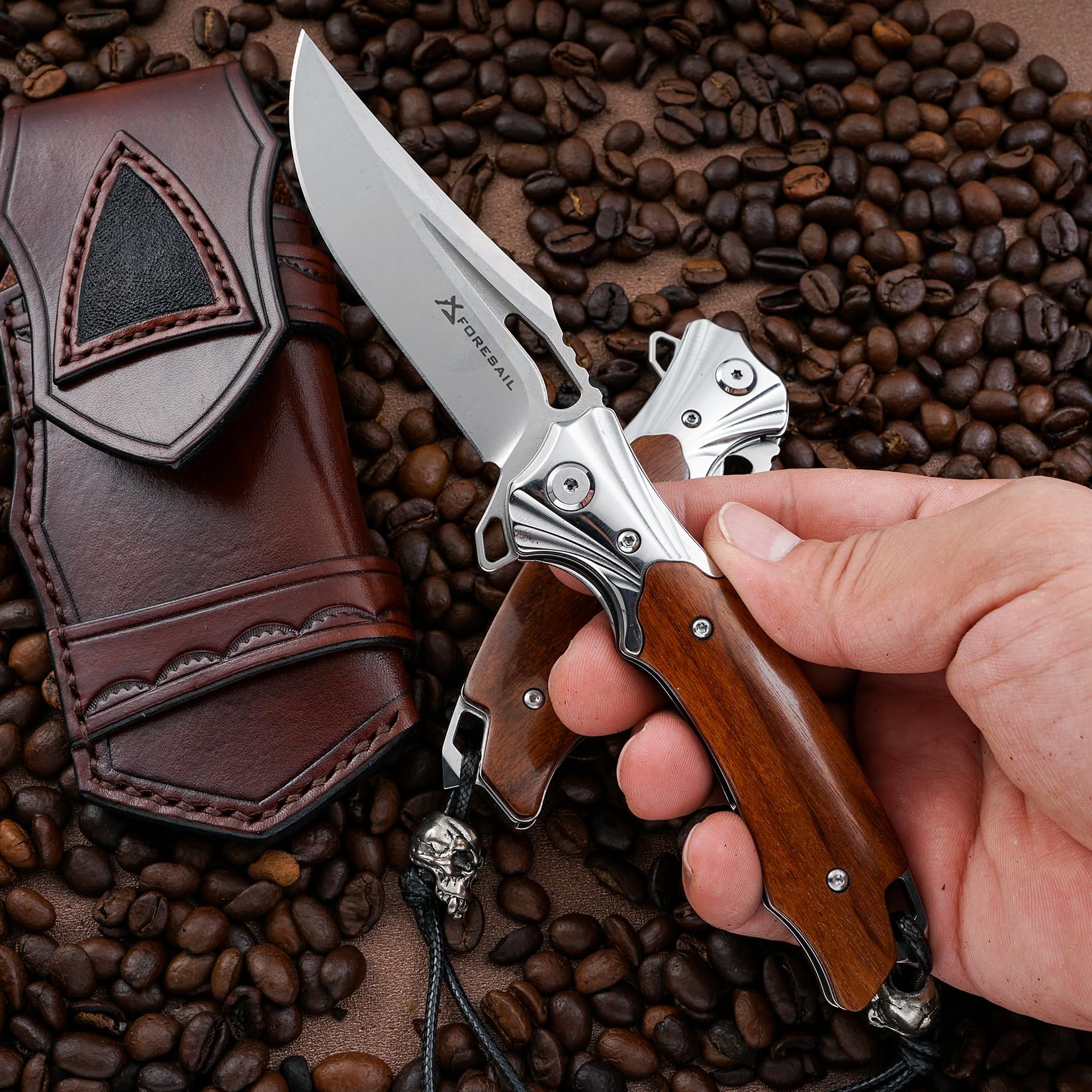 FORESAIL Flipper Pocket Folding Knife,M390 Steel Blade and Wood Handle. With leather case,men's pocket knife hiking trip EDC tool Knife.