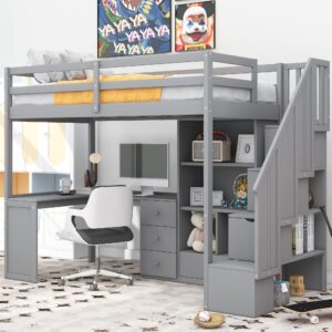 Harper & Bright Designs Twin Size Loft Bed with Stairs and L-Shaped Desk, Wood Twin Loft Bed with Storage Drawers and Cabinet, Loft Bed Twin with Guardrails for Kids Girls Boys, Grey